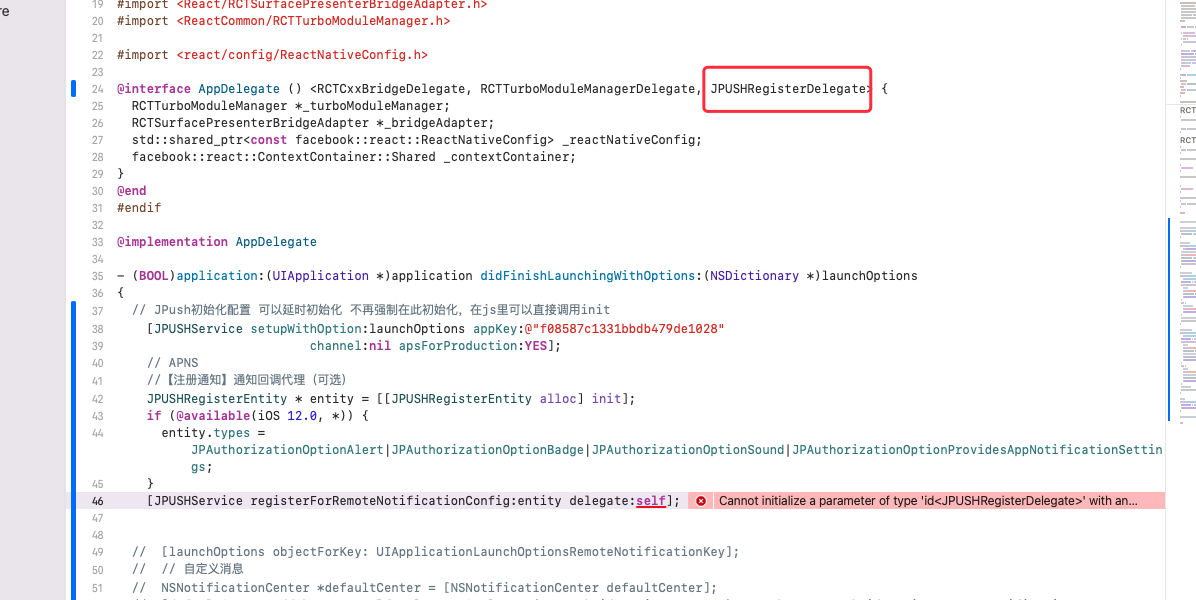 [ios 10]Warning: Sending 'AppDelegate *const__strong' to parameter of incompatible type 'id ...