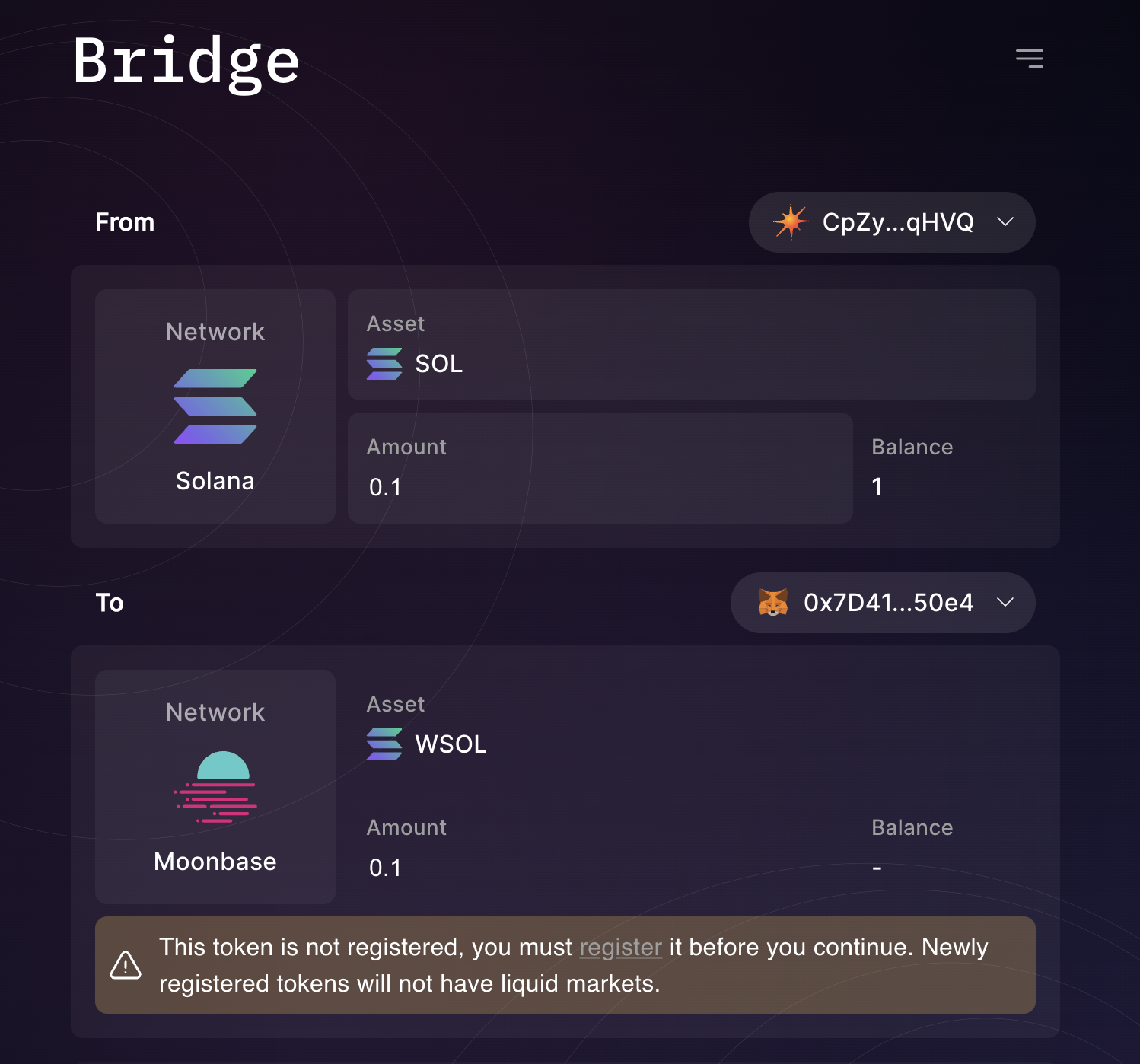 [QA] Warning message to register token is not displayed if user selects Sending 'To' wallet ...