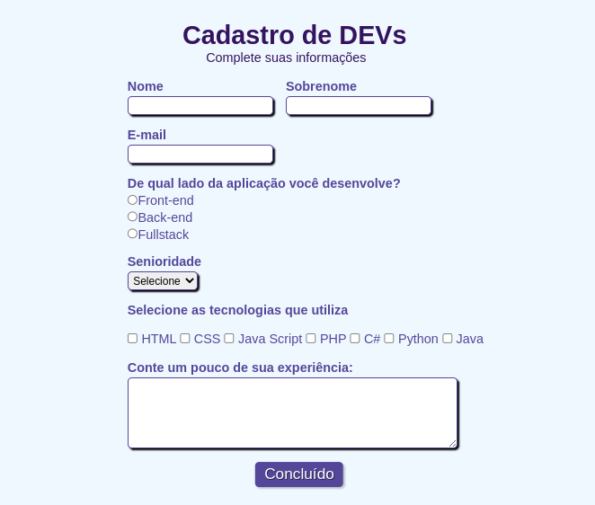 GitHub - Deborah9267/Form-Devs: Formulário desenvolvido utilizando competências de HTML e CSS