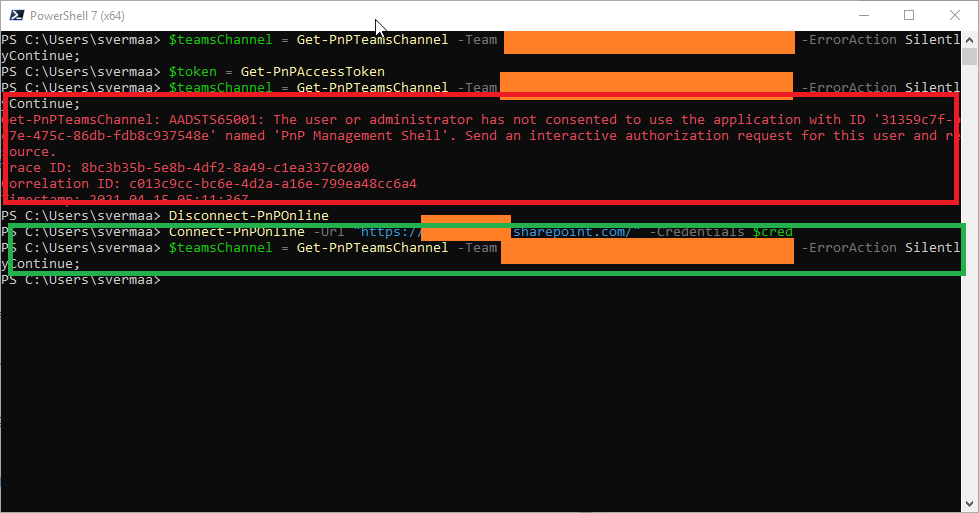 [BUG] Error using existing connection after running Get-PnPAccessToken · Issue #586 · pnp ...