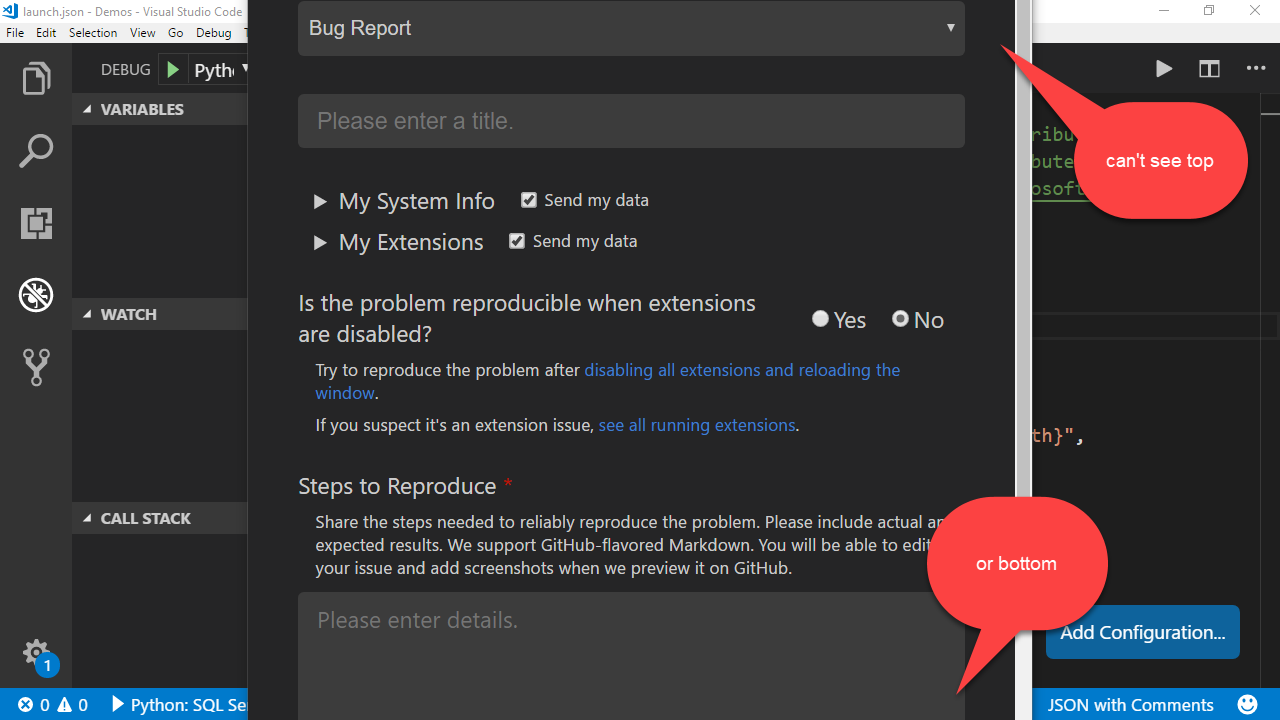 on 1280x720 resolution, can't see all of bug report window · Issue ...