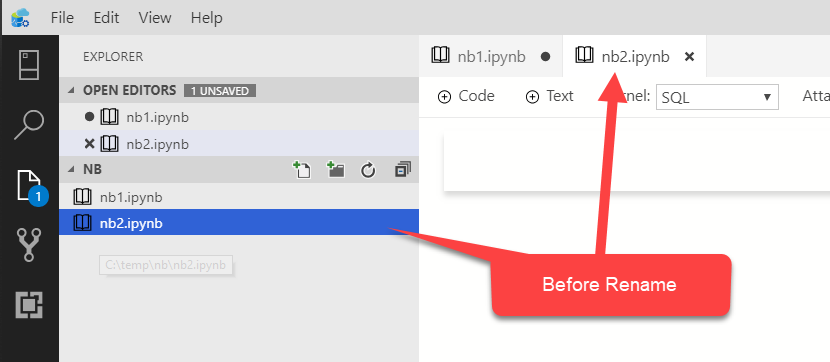Notebook tabs do not follow a rename in Explorer · Issue #6718 · microsoft/azuredatastudio · GitHub
