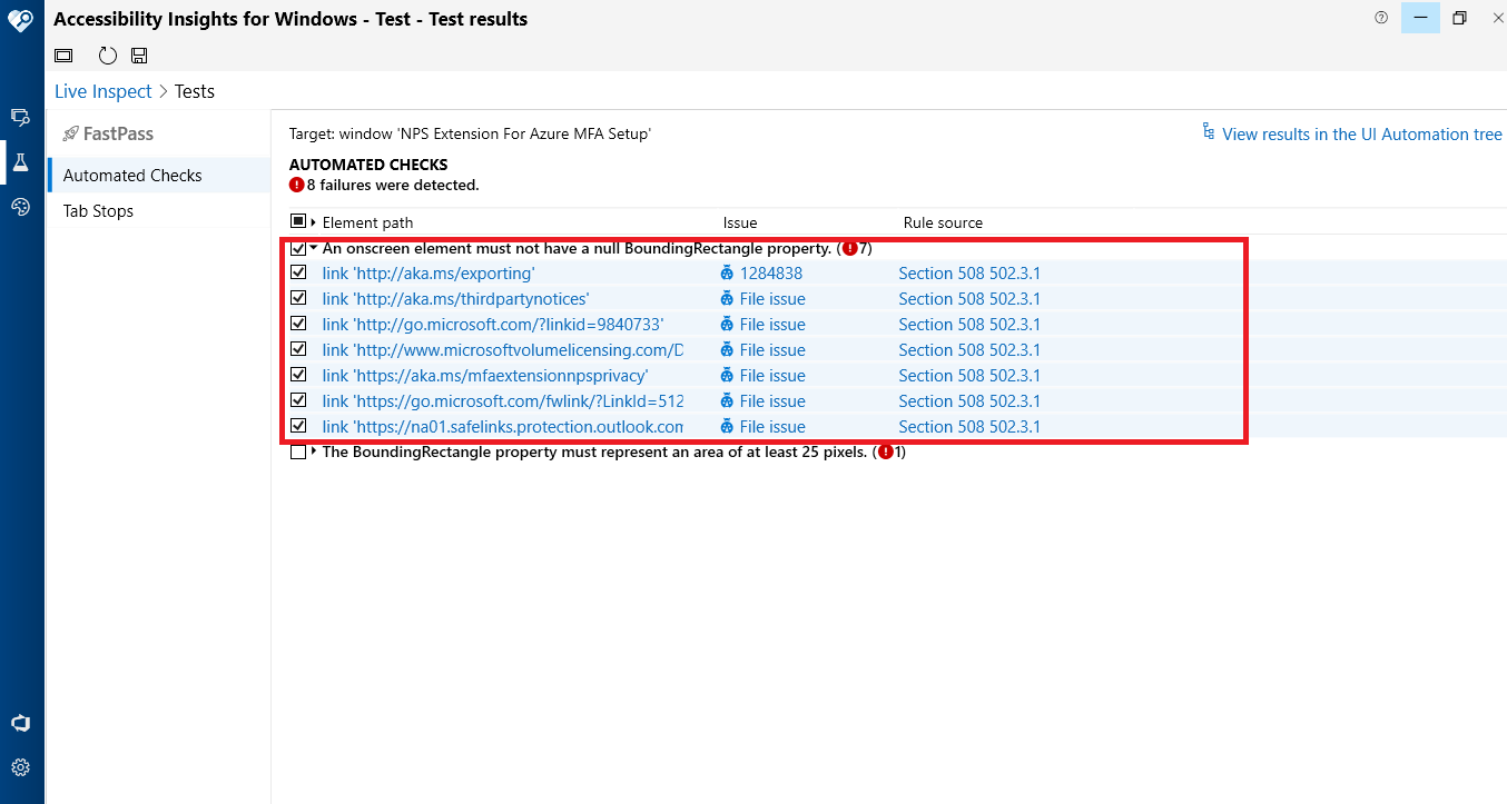 Section 508 502.3.1: (Idle/link 'http://aka.ms/exporting') An onscreen element must not have a ...