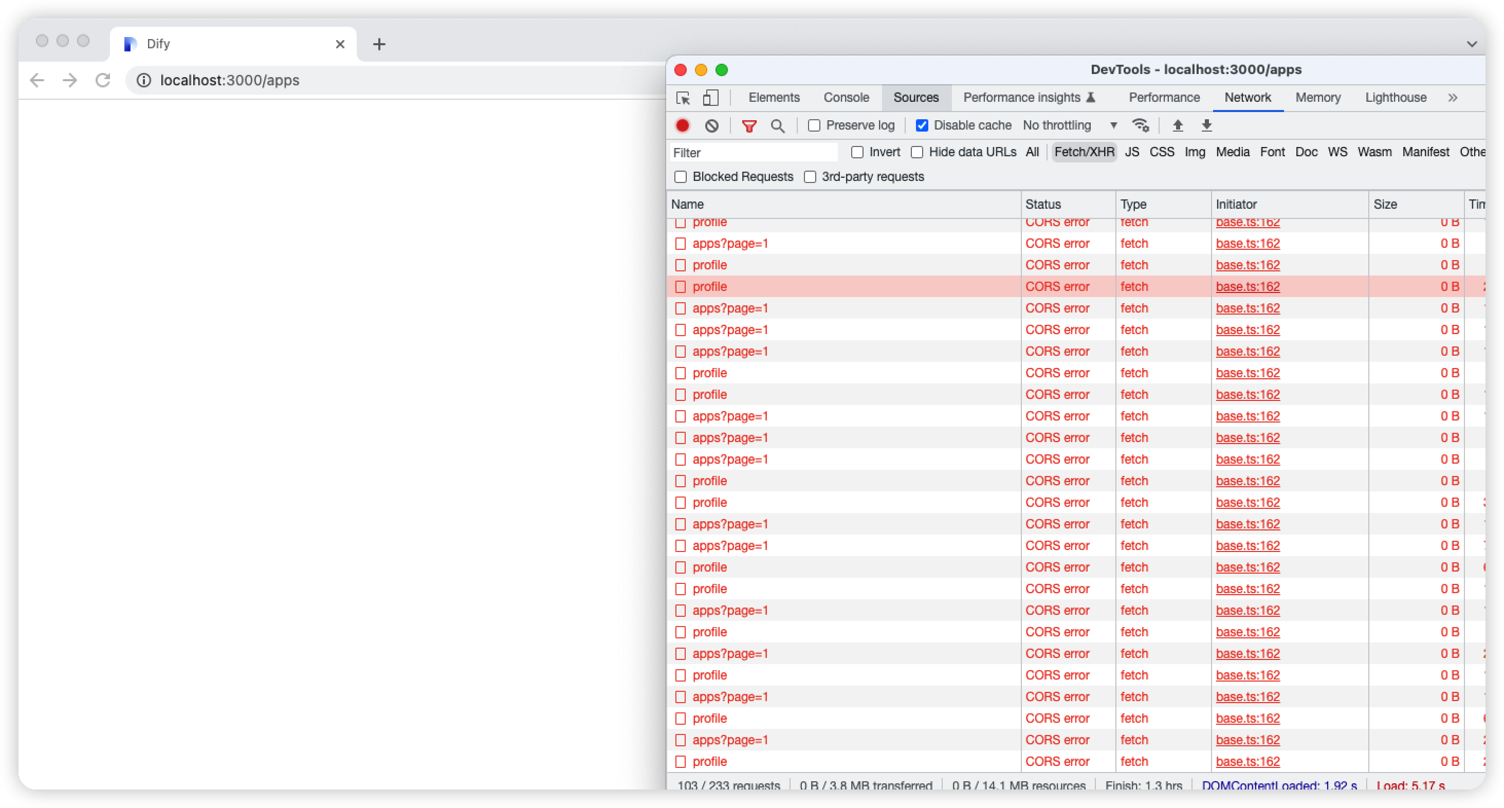 拉取dify的源码后,本地通过readme文件启动了apiweb模块。然后打开网址localhost3000的时候页面一直加载,控制台报错