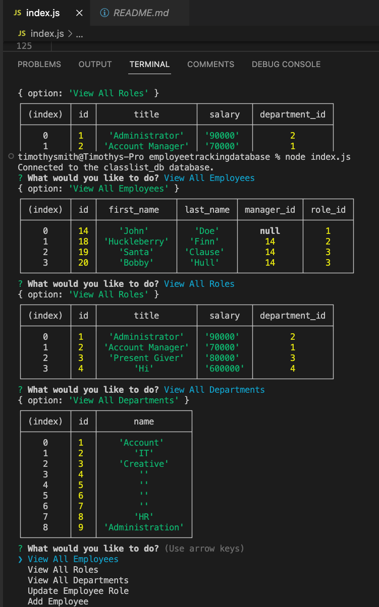 GitHub - Tim-Smith1/employeetrackingdatabase