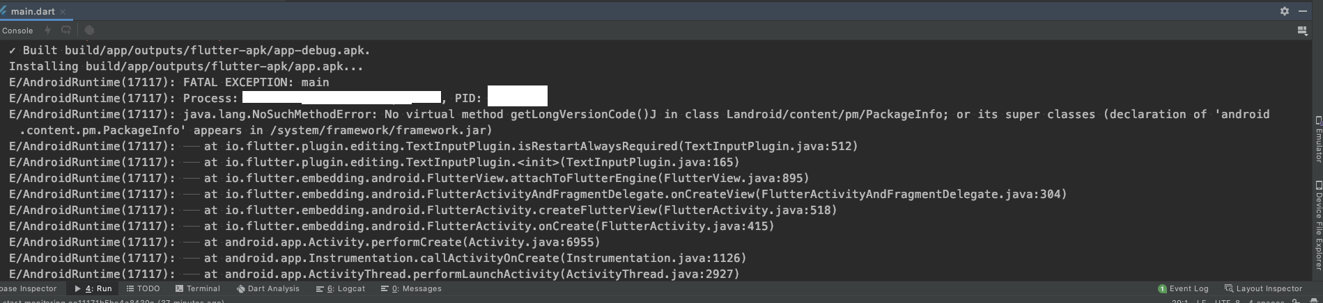 Flutter android facing an issue on Dev Channel : No virtual method ...