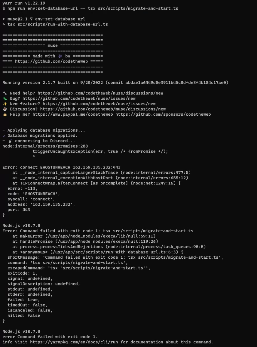Bot stopped working. Can't connect to discord "EHOSTUNREACH" · Issue #874 · museofficial/muse ...
