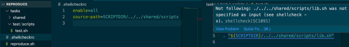 SC1091 - not honoring "source-path" from .shellcheckrc · Issue #607 · vscode-shellcheck/vscode ...