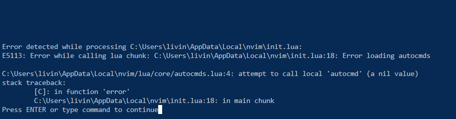 Error detected while processing C:\Users\username\AppData\Local\nvim ...