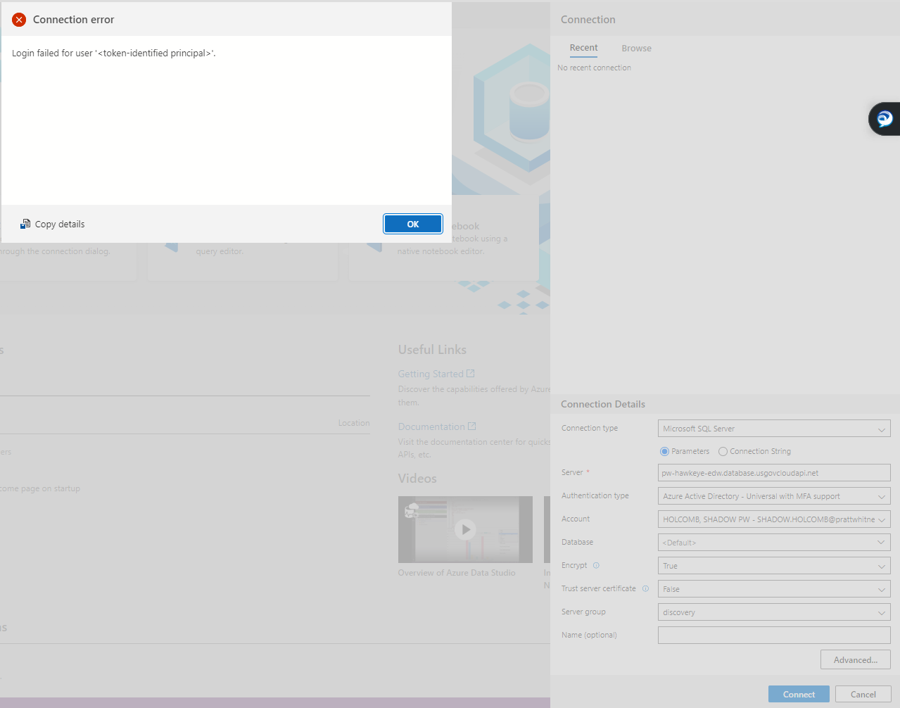 Unable to Connect · Issue #21612 · microsoft/azuredatastudio · GitHub