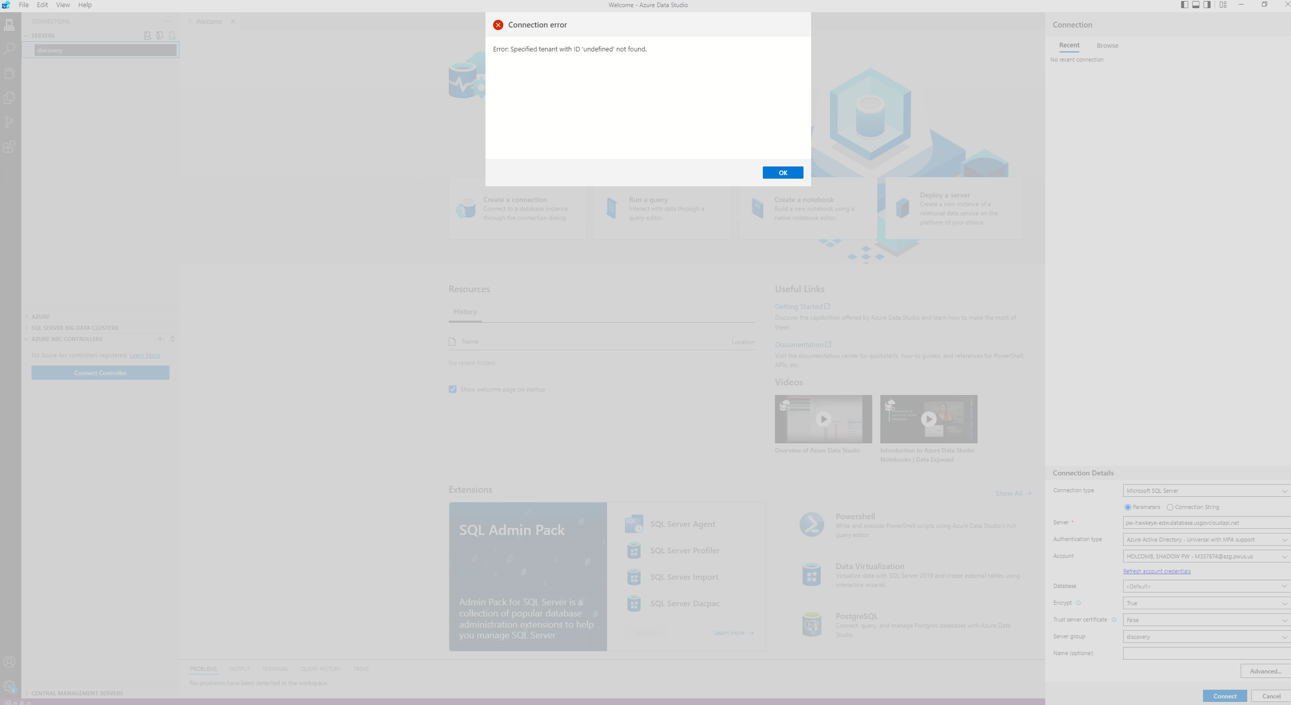 Unable to Connect · Issue #21612 · microsoft/azuredatastudio · GitHub