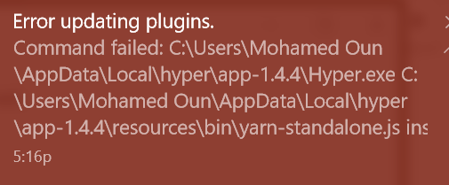 Error Updating Plugin - Hyper ver 1.4.3 on Windows 10 · Issue #2173 · vercel/hyper · GitHub