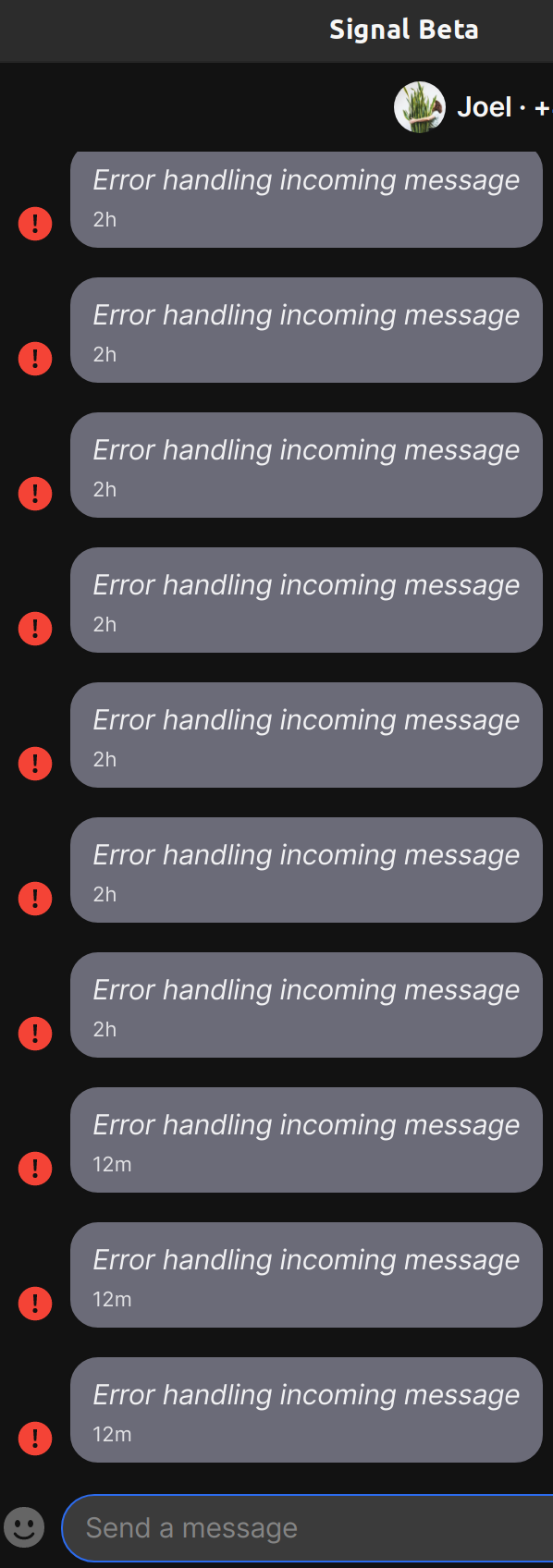 After joining V2 group "Error handling incoming message" messages are received from group ...