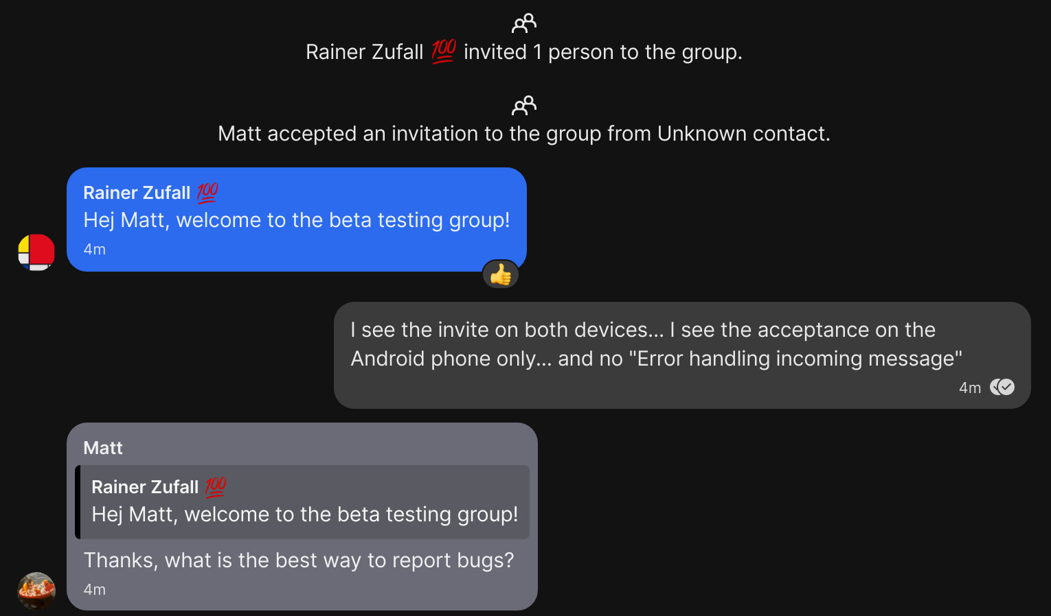 After joining V2 group "Error handling incoming message" messages are received from group ...