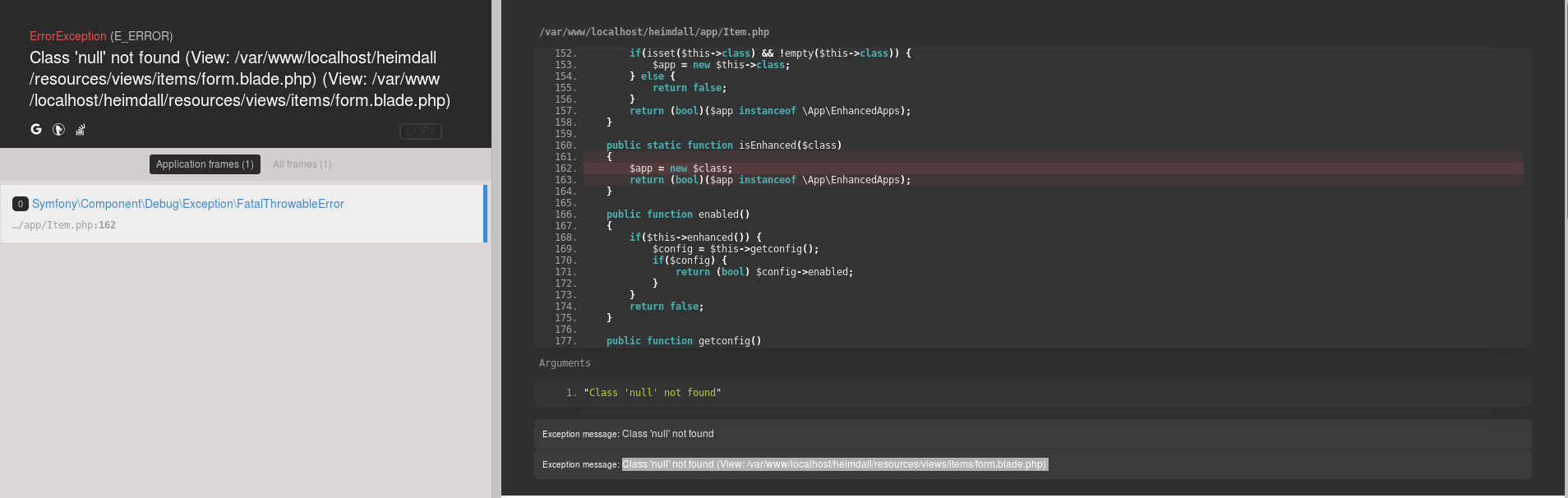 Class 'null' not found (View: /var/www/localhost/heimdall/resources/views/items/form.blade.php ...