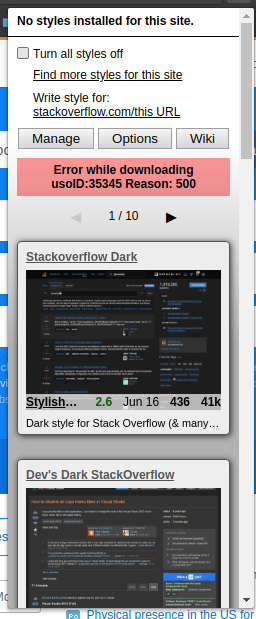 Error 500 while trying to install the style from within the extension ...