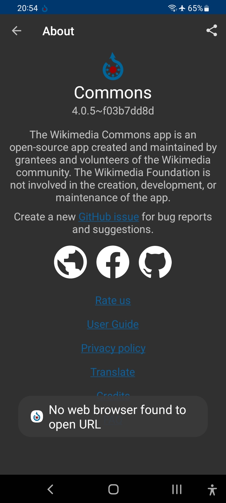 Tapping On Github Icon Results In No Web Browser Found To Open Url On