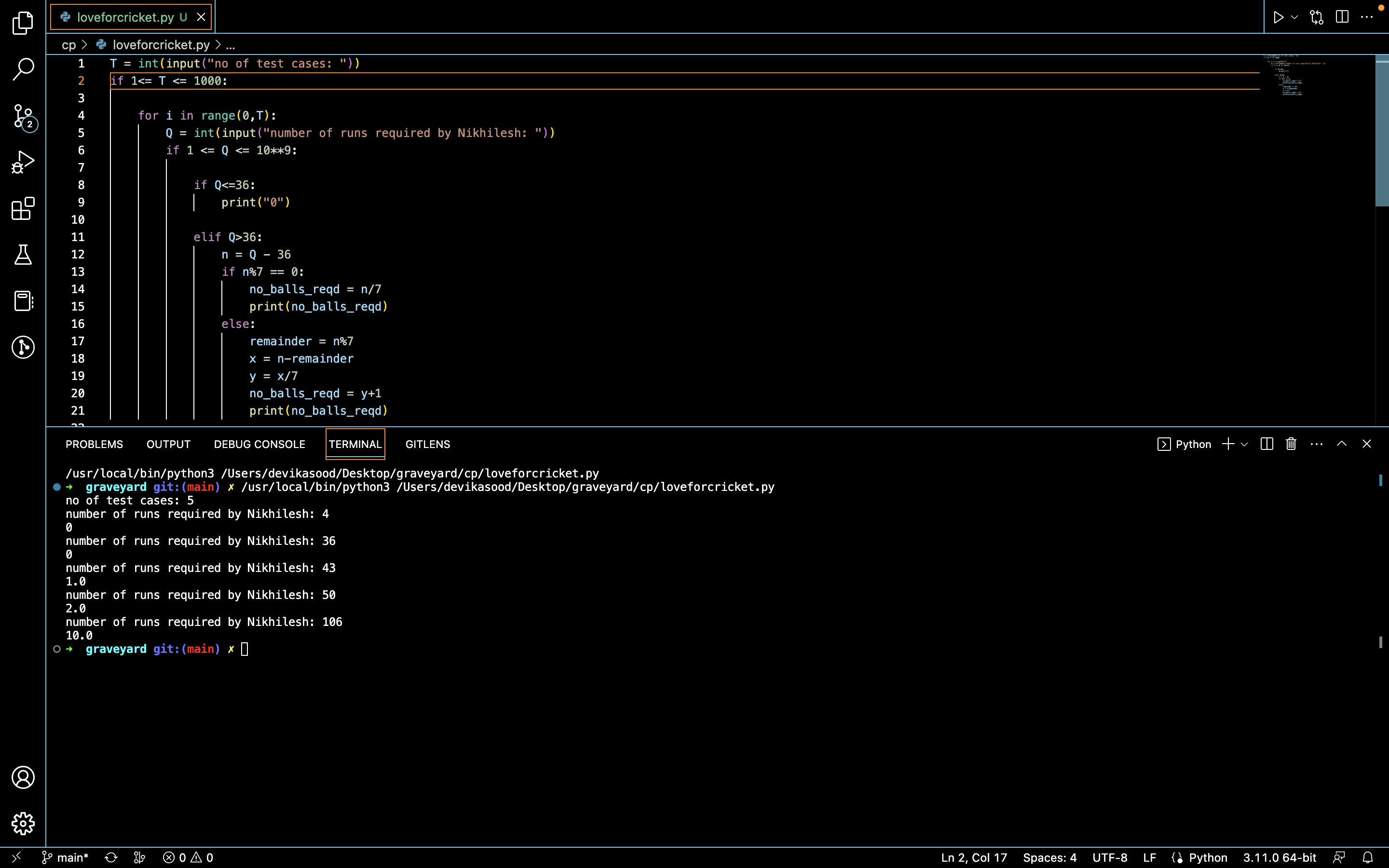 Love For Cricket Solved In Python By Devikasood · Pull Request 70 · Pec Css Graveyard · Github
