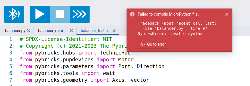 [Feature] Jump to file and/or line on syntax error · Issue #924 · pybricks/support · GitHub