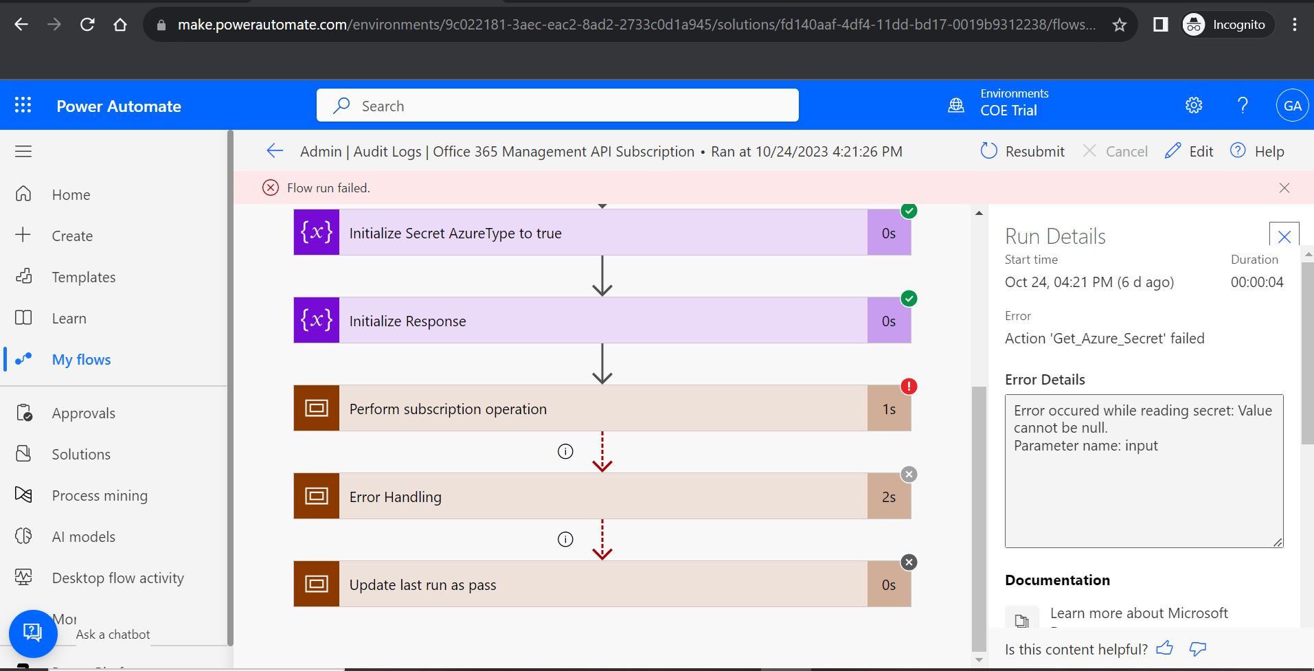 [CoE Starter Kit - BUG] ISSUE TITLE: Admin | Audit Logs | Office 365 Management API Subscription ...