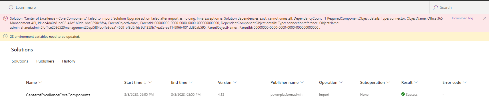 [CoE Starter Kit - BUG] Upgrade action failed: Solution dependencies exist, cannot uninstall ...