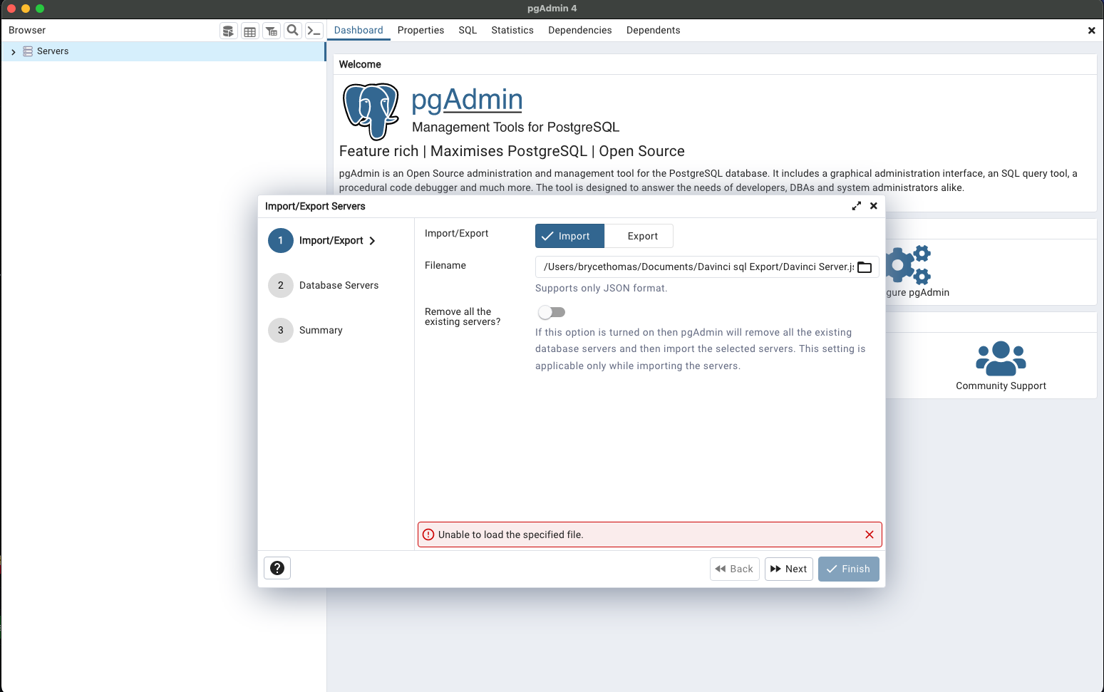 Cannot Import Servers Unable To Load The Specified File · Issue 5783 · Pgadmin Orgpgadmin4 8131