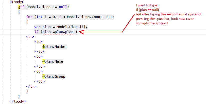 Razor: With C#, typing a double equal to check if a variable is equal to something, causes razor ...