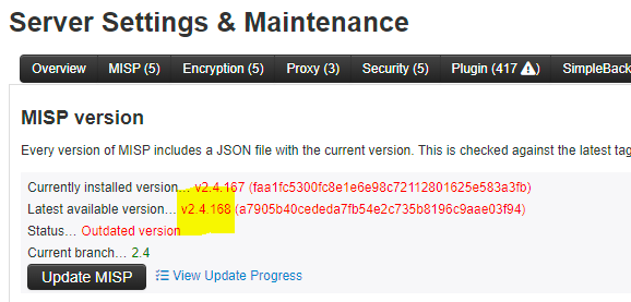 Bug Misp Latest Available Version V24168 In The Web Ui Is Greater Than The Github Release 