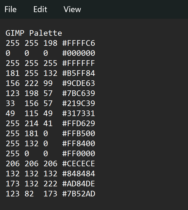 When exporting a palette file out from Piskel, .gpl file displays the ...