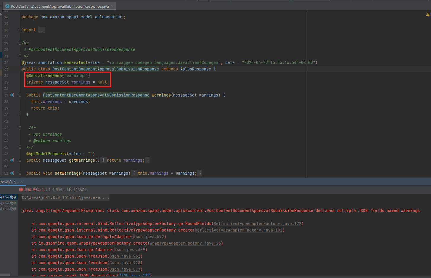 The generated apluscontent module code PostContentDocumentApprovalSubmissionResponse class has ...