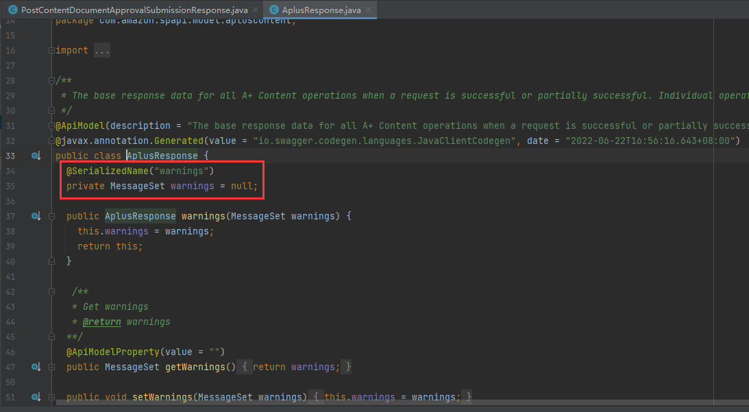 The generated apluscontent module code PostContentDocumentApprovalSubmissionResponse class has ...