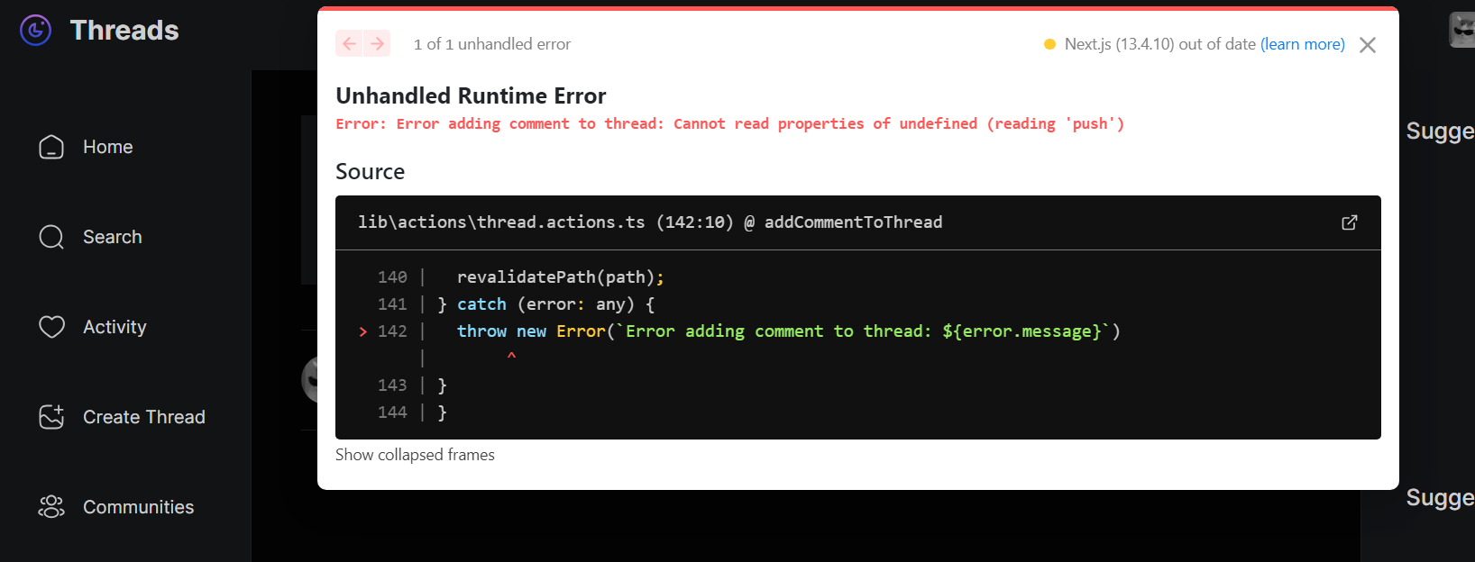 Unhandled Runtime Error · Issue #58 · adrianhajdin/threads · GitHub