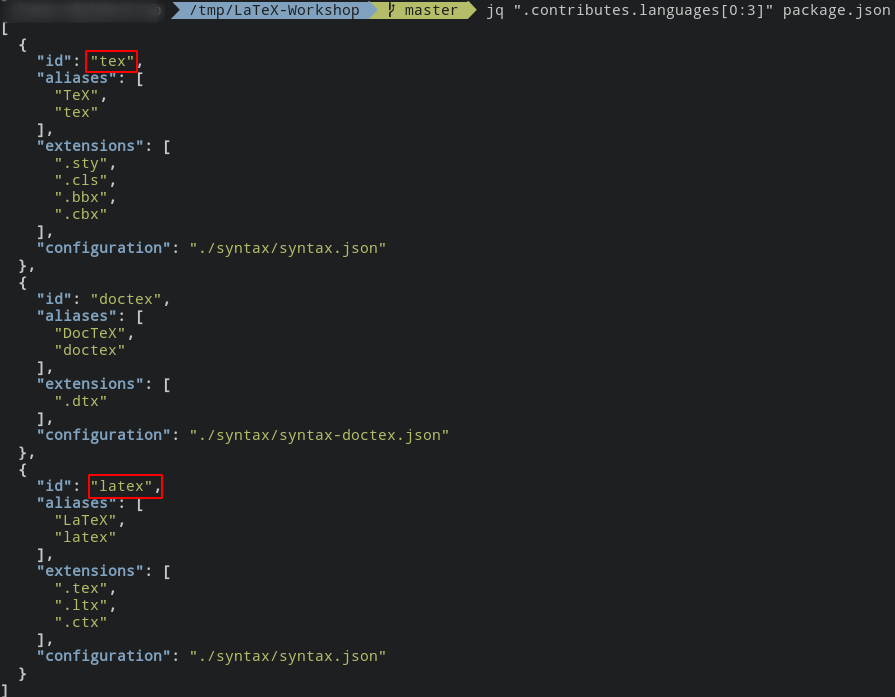 Latex language definition from multiple extensions causes less-well ...