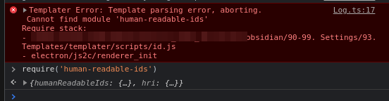 Globally installed npm package is unaccesbile by templater, but can be loaded from console ...