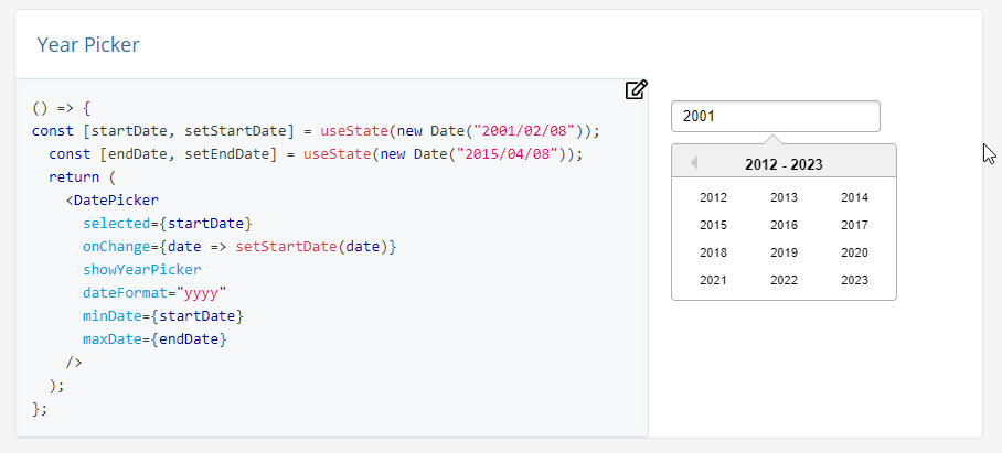 Year Picker Min Max Dates · Issue 2154 · Hacker0x01 React Datepicker · Github