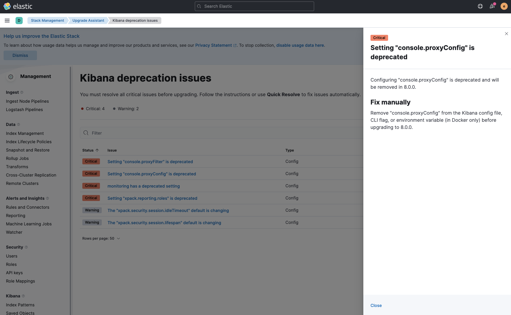 Improve deprecation warnings for proxyFilter and proxyConfig settings · Issue #113810 · elastic ...