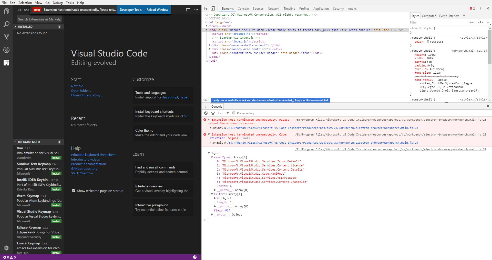 Extension host terminated unexpectedly. Please reload the window to recover. · Issue #28452 ...