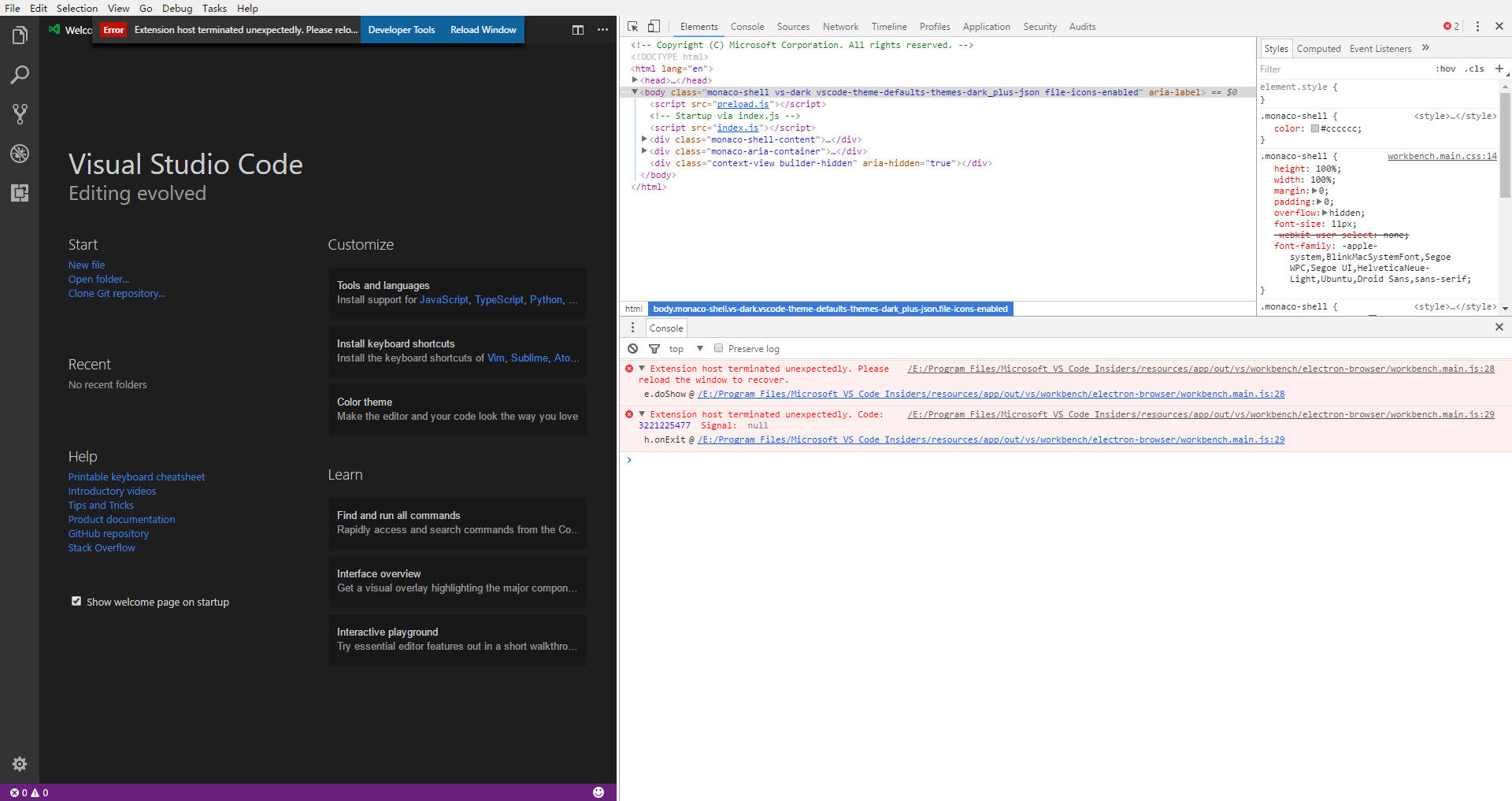 Extension host terminated unexpectedly. Please reload the window to recover. · Issue #28452 ...