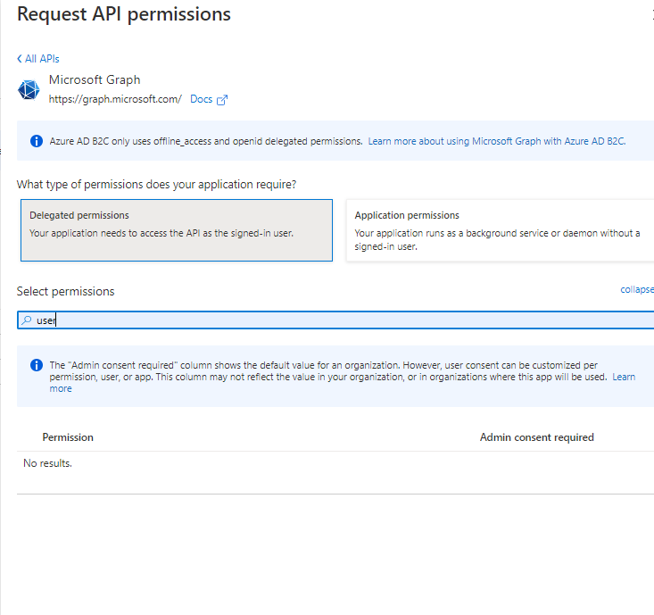 Cannot grant delegated permission in B2C for Microsoft graph API for permission User.Read ...