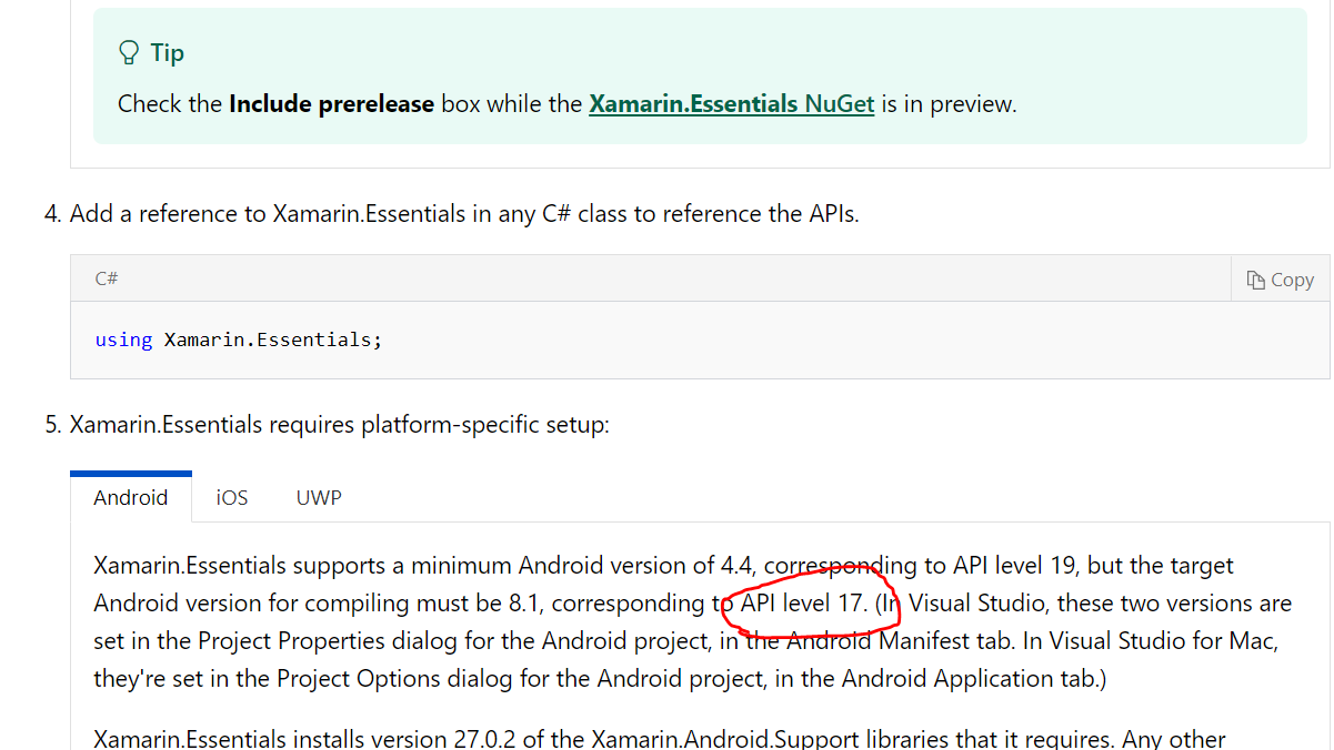 Wrong Api Level In The Docs Typo · Issue 293 · Xamarinessentials · Github