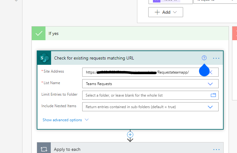 Unable to process template language expressions in action 'Check_if_site_exists_-_SP_API ...