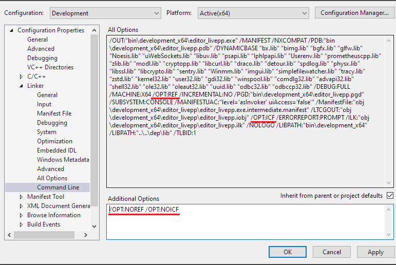 Setting `/OPT:NOREF` and `/OPT:NOICF` linker options in VS2019 · Issue #1879 · premake/premake ...