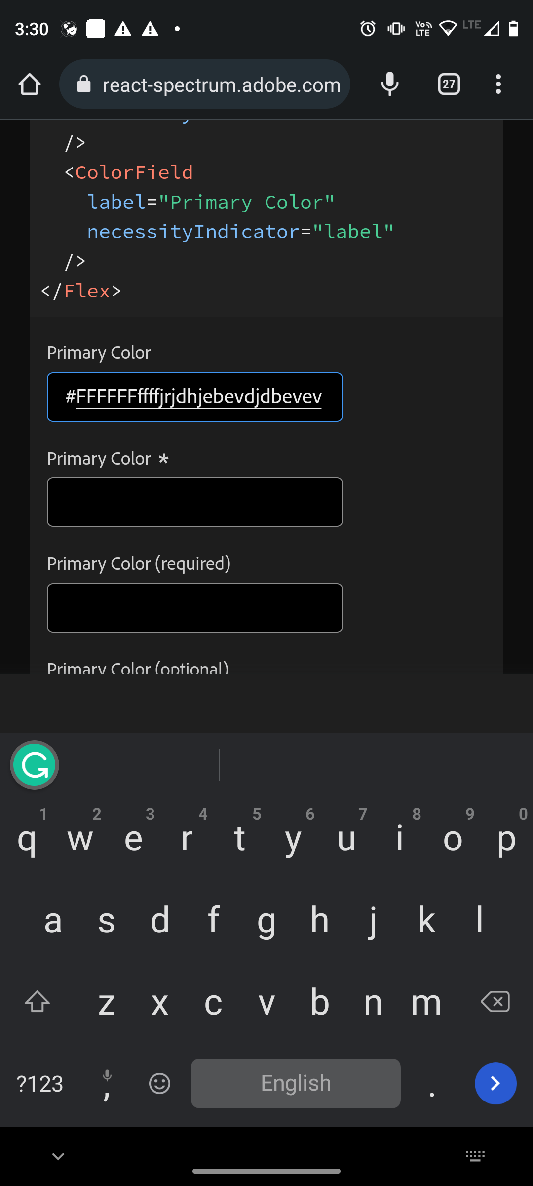 ColorField component in some cases is taking more than six characters on Android devices ...