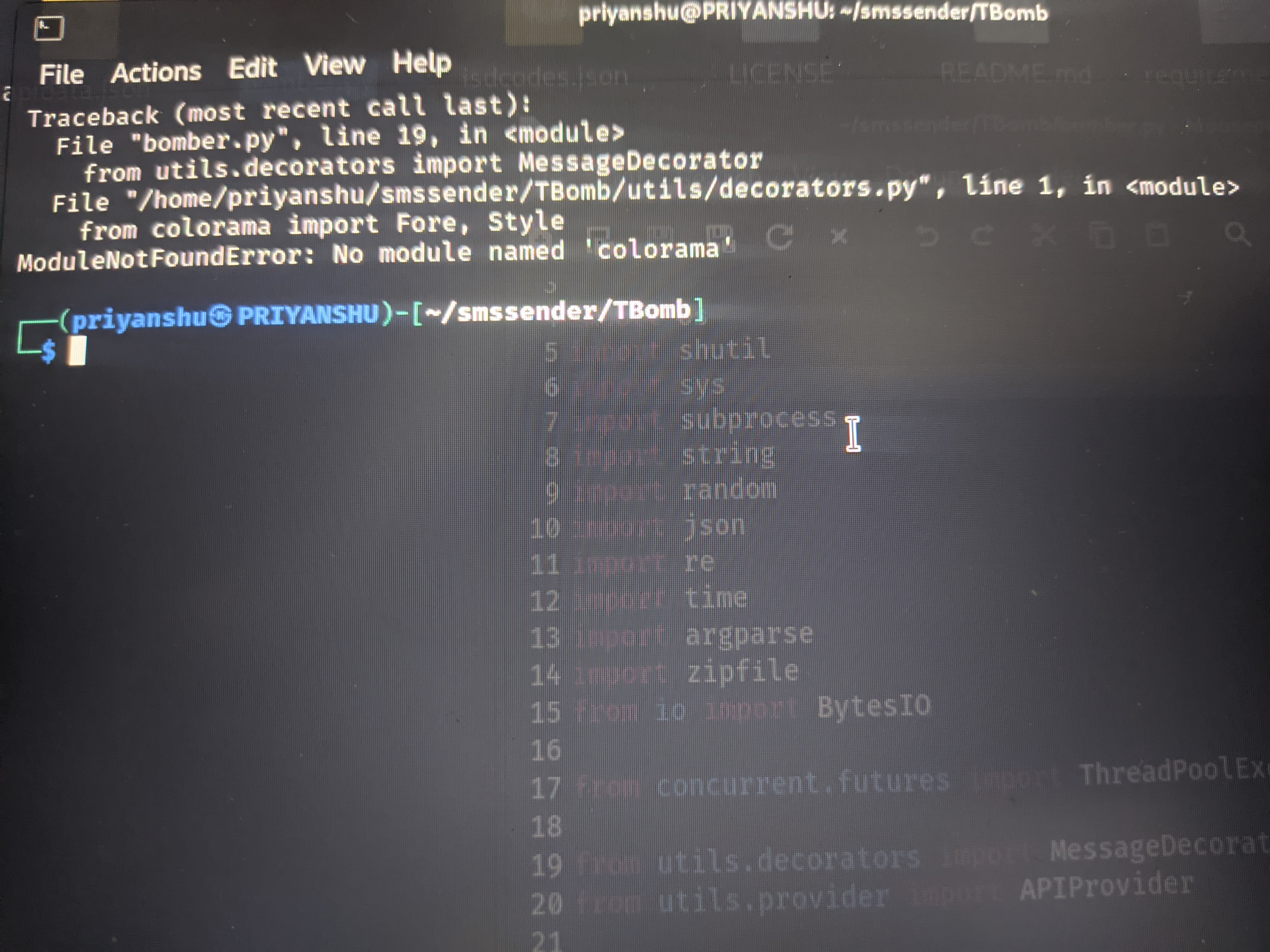 Traceback Error in opening tbomb although have downloaded colorama · Issue #403 · TheSpeedX ...