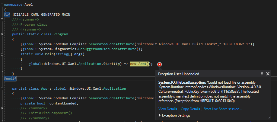 Could not load file or assembly 'System.Runtime.InteropServices.WindowsRuntime, Version=4.0.3.0 ...