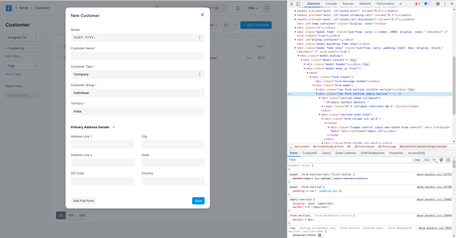 Customer and Supplier primary contact details section in quick entry forms are not visible ...