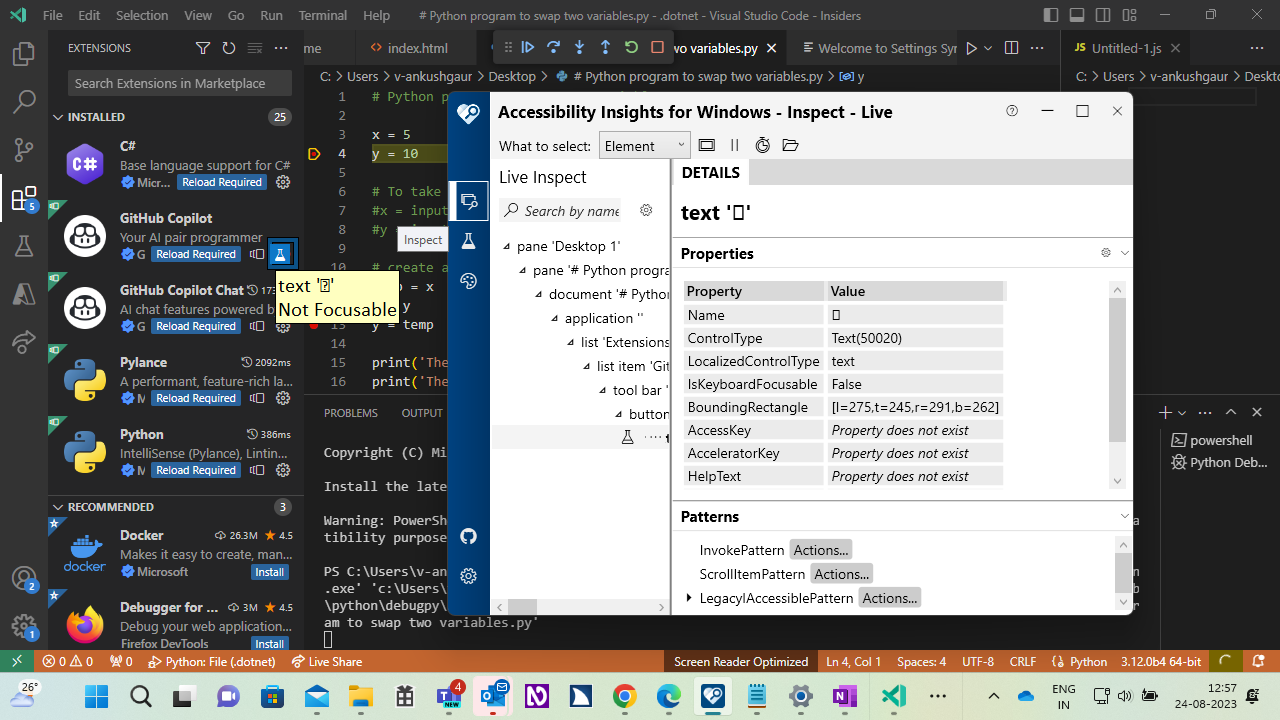 A11y_VisualStudioCodeClient_Extensions_Name Role Value: No Name is provided for settings button ...
