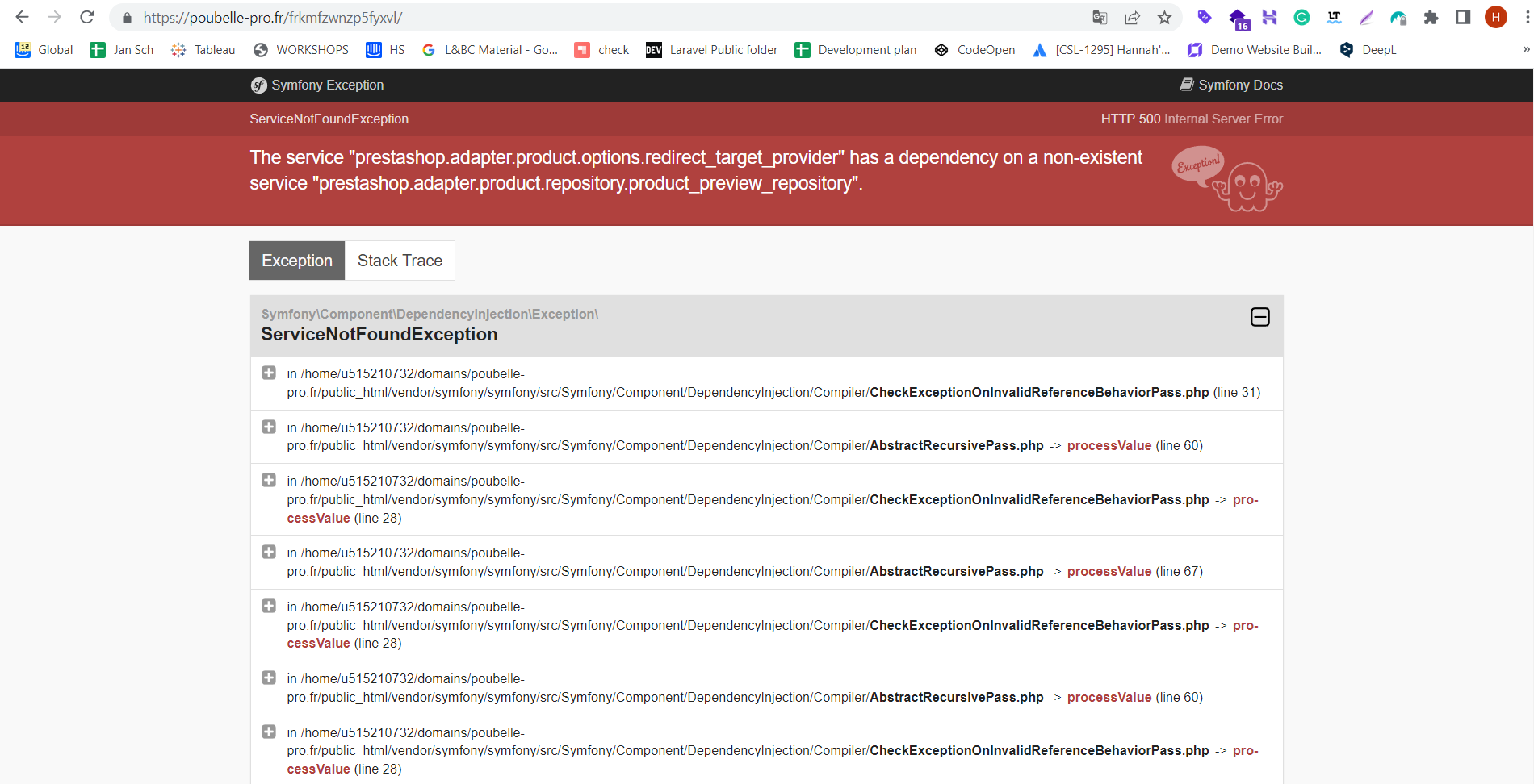 The service "prestashop.adaptater.product.options.redirect_target_provider" has a dependency on ...