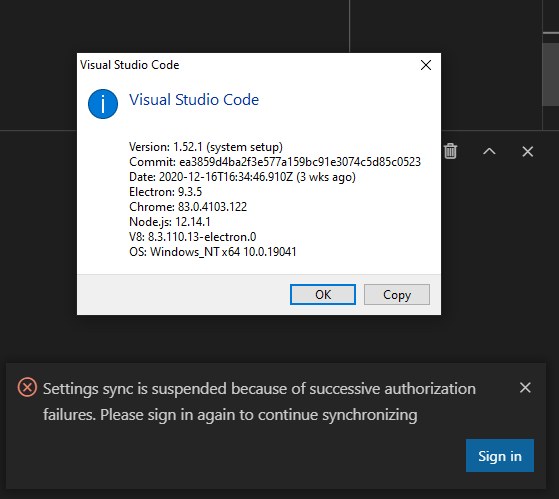 Settings sync stopped working after latest update Request ... failed ...