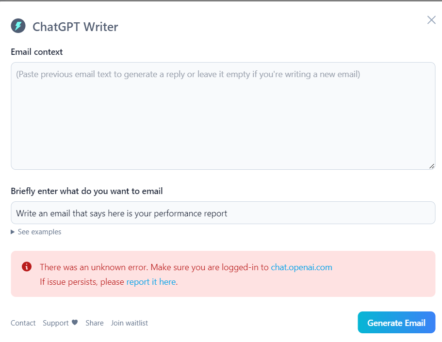 There was an unknown error. Make sure you are logged-in to chat.openai.com If issue persists ...